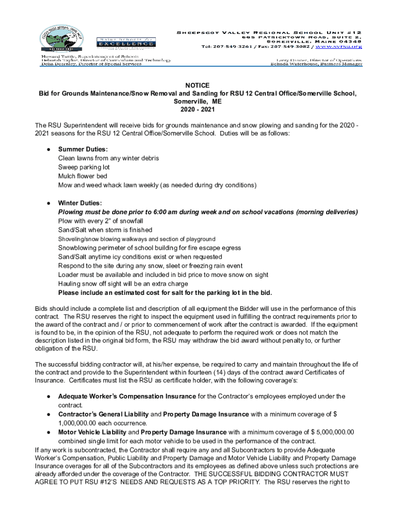 Fillable Online RSU 12 Central Office Maintenance & Plowing bid SY 20 ...