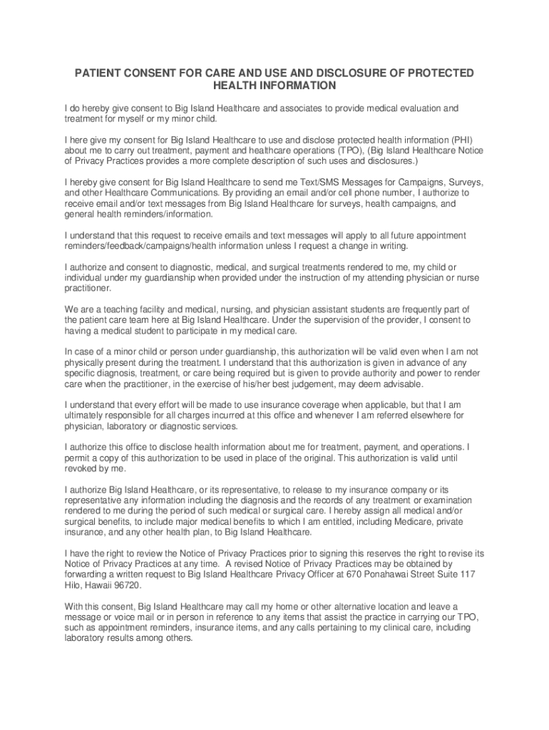 Fillable Online PATIENT CONSENT FOR CARE AND USE AND ... Fax Email ...