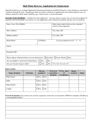 Fillable Online High Plains Raceway Application for Employment Fax ...