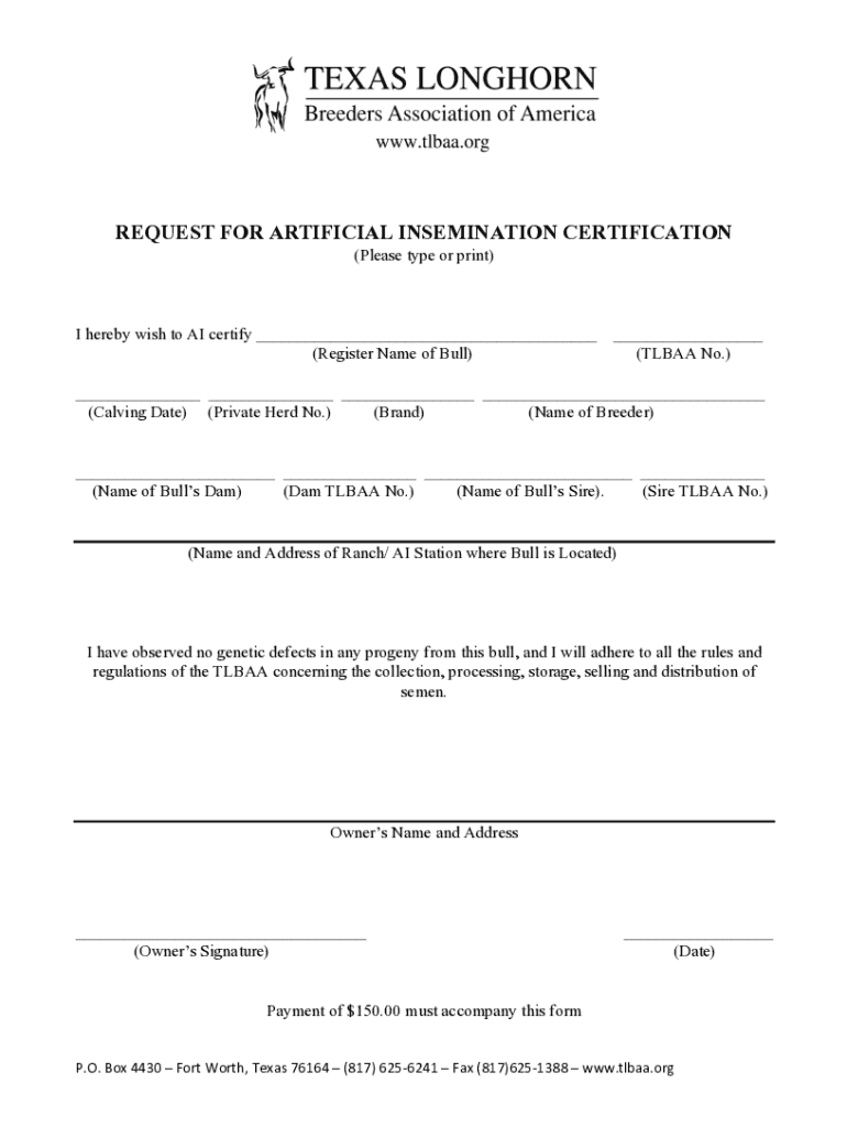 Fillable Online A.I. Breeding Certificate Fax Email Print - pdfFiller
