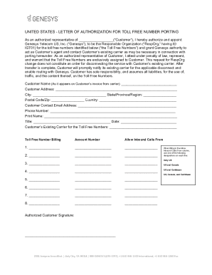 Fillable Online LETTER OF AUTHORIZATION FOR TOLL FREE NUMBER ... Fax ...