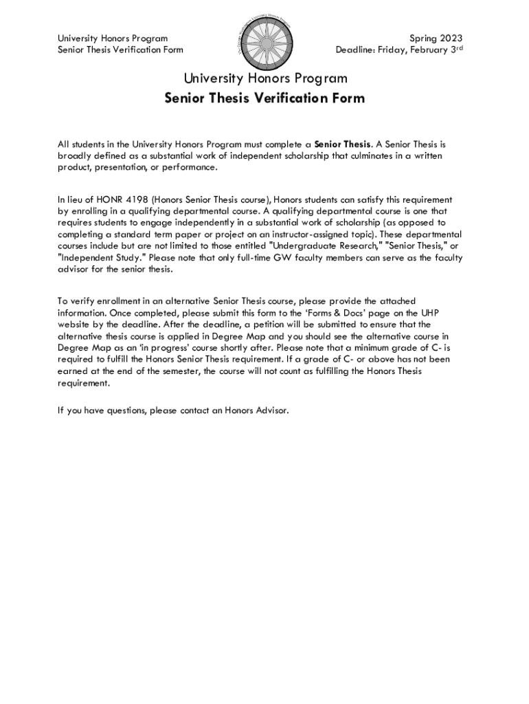 Fillable Online honorsprogram gwu University Honors Program Senior Thesis Verification Form Fax ...