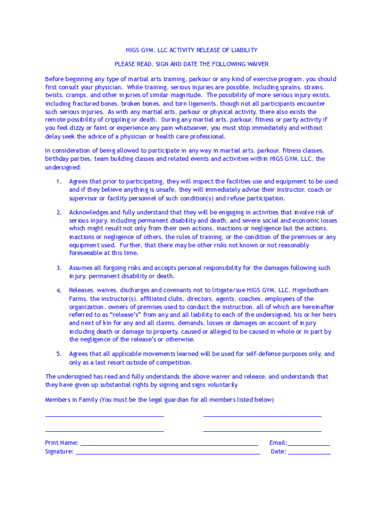 Fillable Online Sample Martial Arts Liability Waiver Template ...
