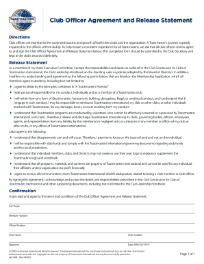 Fillable Online 498 Club Officer Agreement and Release Statement Form ...