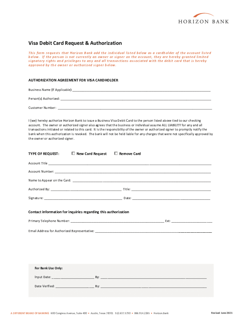 Fillable Online Visa Debit Card Request & AuthorizationHorizon Bank Fax ...