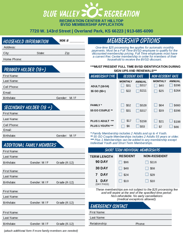 Fillable Online Blue Valley Recreation Center at Hilltop - 7720 W 143rd ...