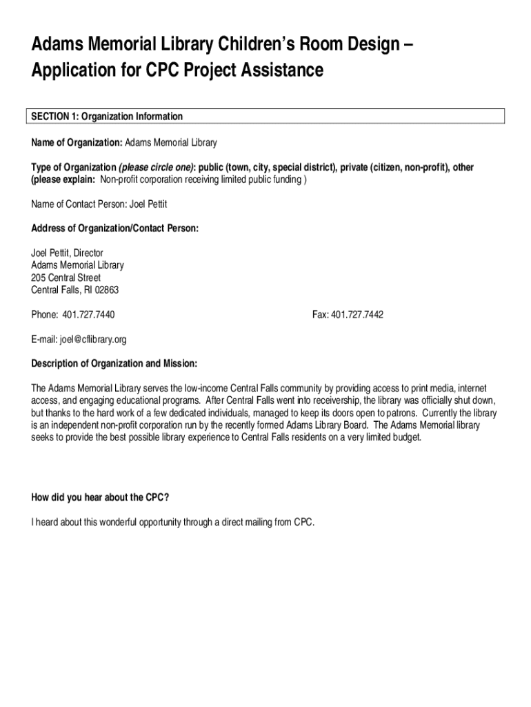 Fillable Online Adams Memorial Library RWU CPC Project Request Form Fax Email Print - pdfFiller