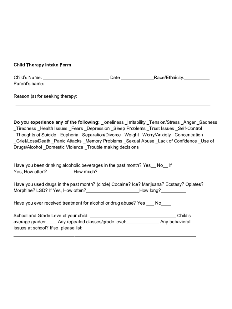 Fillable Online Adolescent Intake Form Sample - Welcome to Solace ...