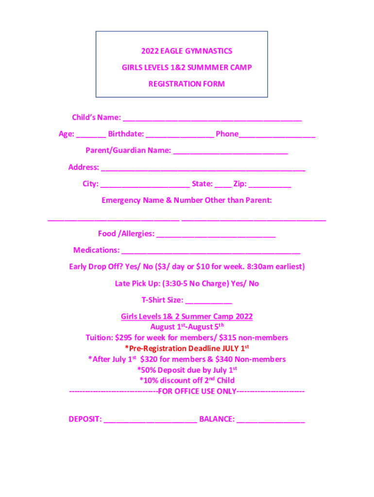 Fillable Online Eagle Gymnastics Academy - Recreational Program Fax Email Print - pdfFiller