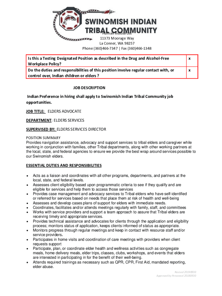 Fillable Online JOB DESCRIPTION Indian Preference in hiring shall apply ...