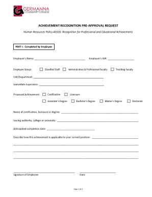 Fillable Online Achievement Recognition Pre-Approval Request Form Fax ...