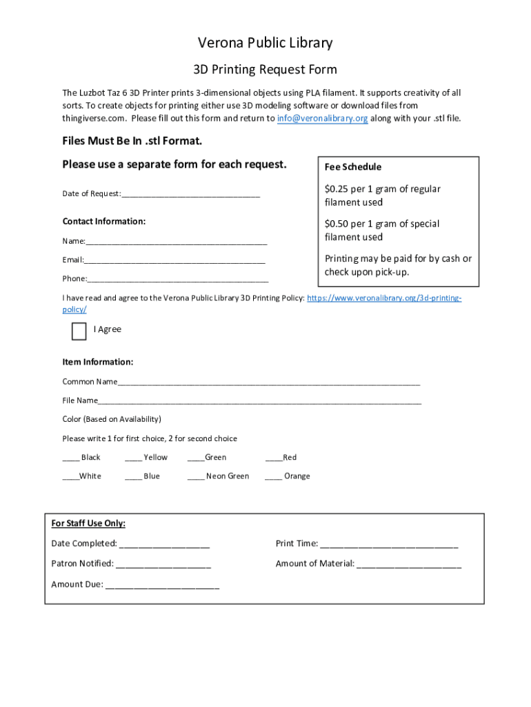 Fillable Online Verona Public Library - 3D Printing Request Form Fax ...