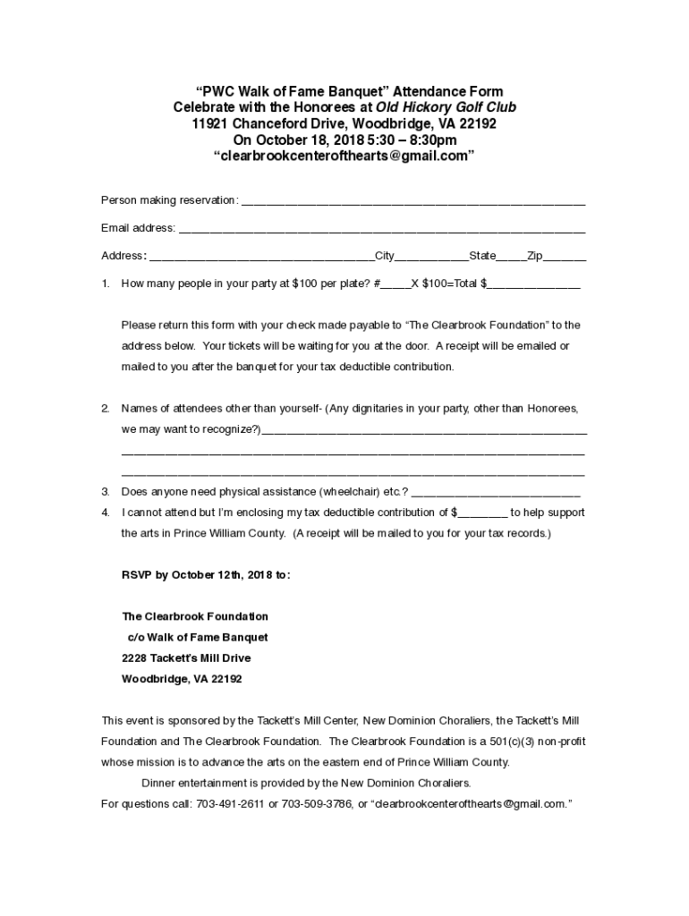 Fillable Online PWC Walk of Fame Banquet Attendance Form Fax Email ...