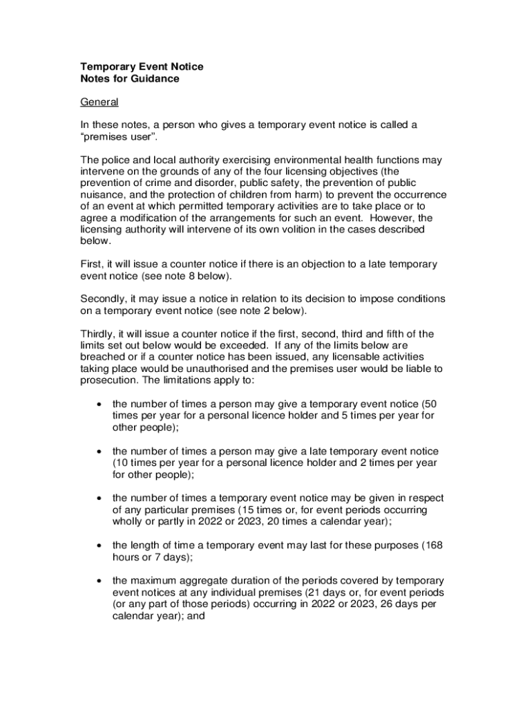 Fillable Online Temporary Event Notice Application - Guidance Fax Email ...