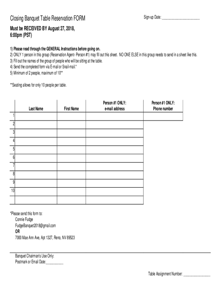 Fillable Online Instructions for table PRE-reservations for Closing ...