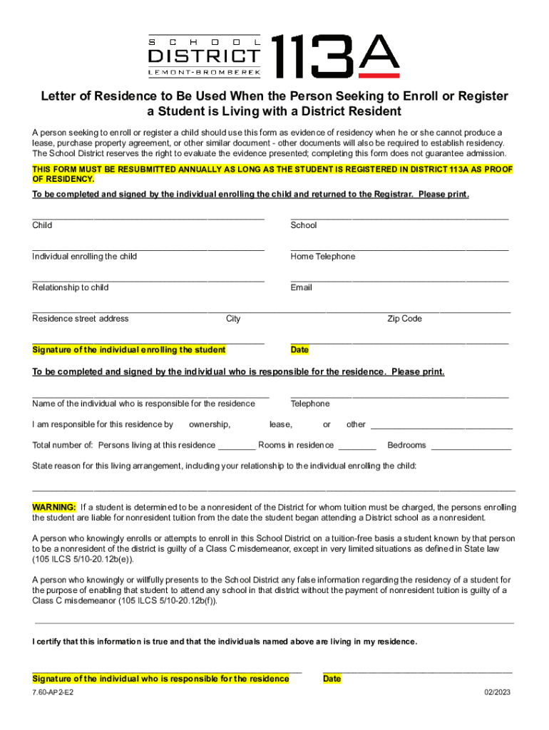 Fillable Online 7:060-E2 Letter of Residence to Be Used When the Person ...