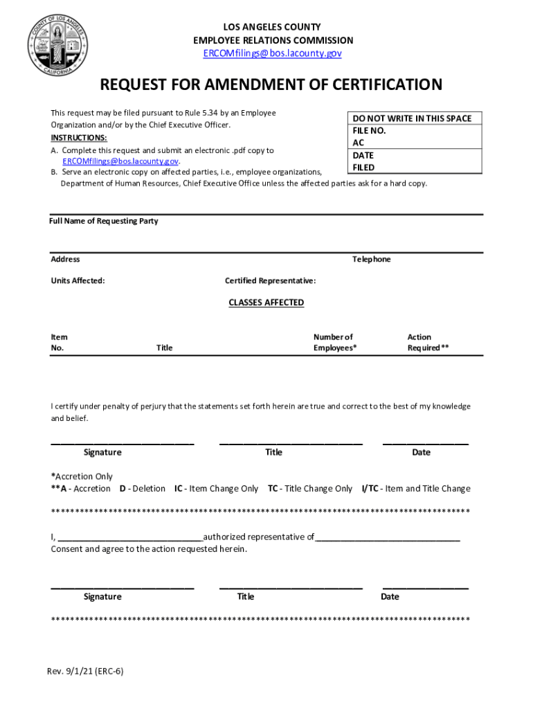 Fillable Online REQUEST FOR AMENDMENT OF CERTIFICATION Fax Email Print - pdfFiller