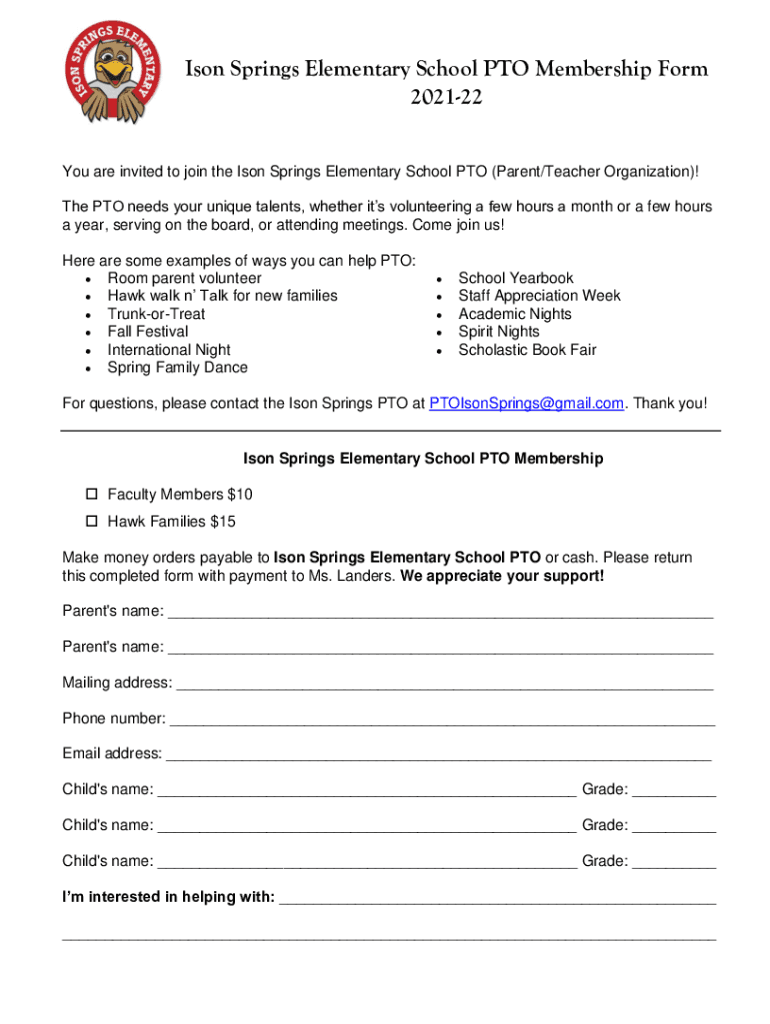 Fillable Online Ison Springs Elementary School PTO Membership Form ...