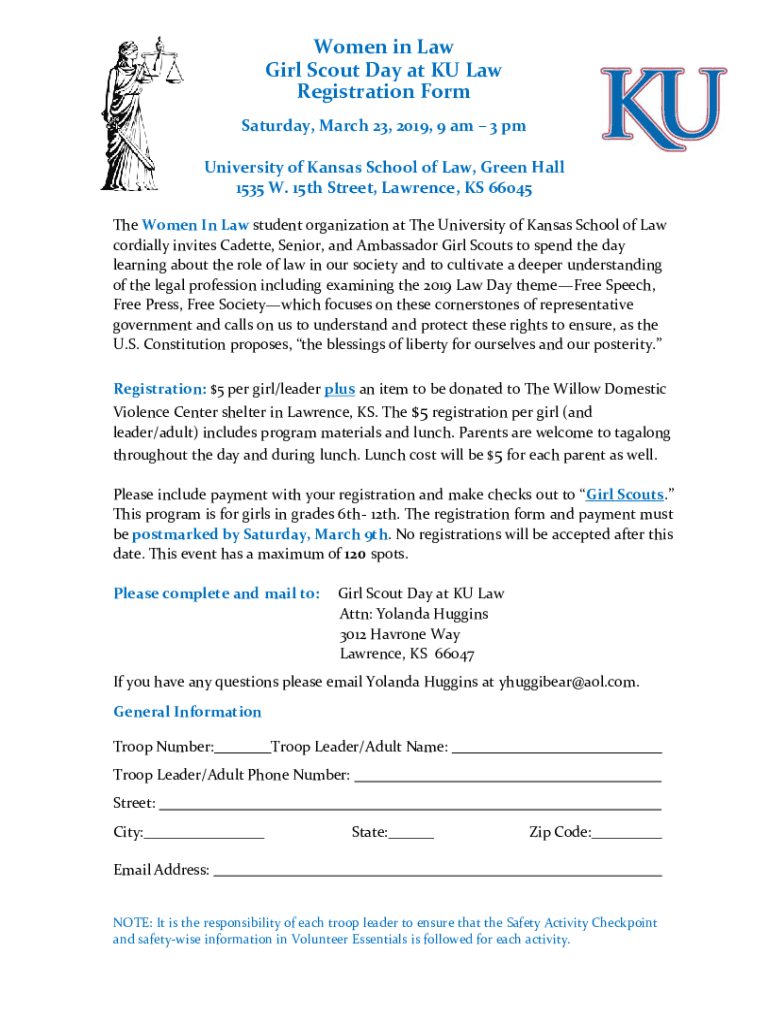 Fillable Online Women in Law Girl Scout Day at KU Law Registration Form ...