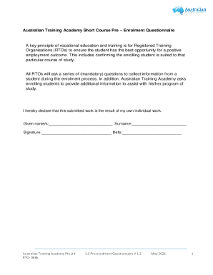 Fillable Online Pre-enrolment questionnaire. 1.3 Pre-enrolment ...