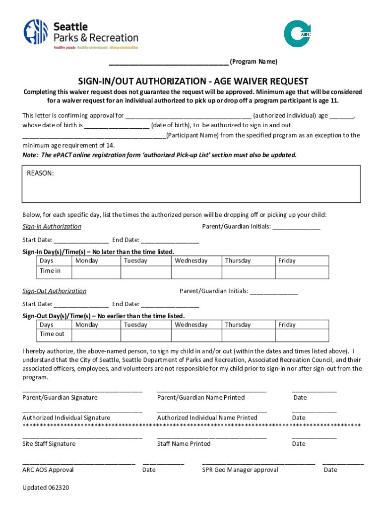 Fillable Online sign-in/out authorization - age waiver request Fax ...