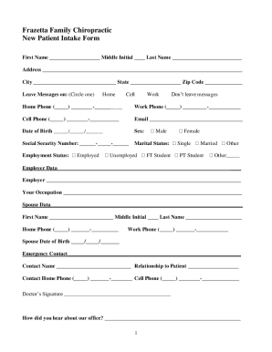 Fillable Online Frazetta Family Chiropractic New Patient Intake Form ...