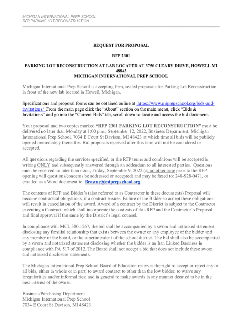 Fillable Online request for proposal rfp 2301 parking lot reconstruction at ... Fax Email Print ...