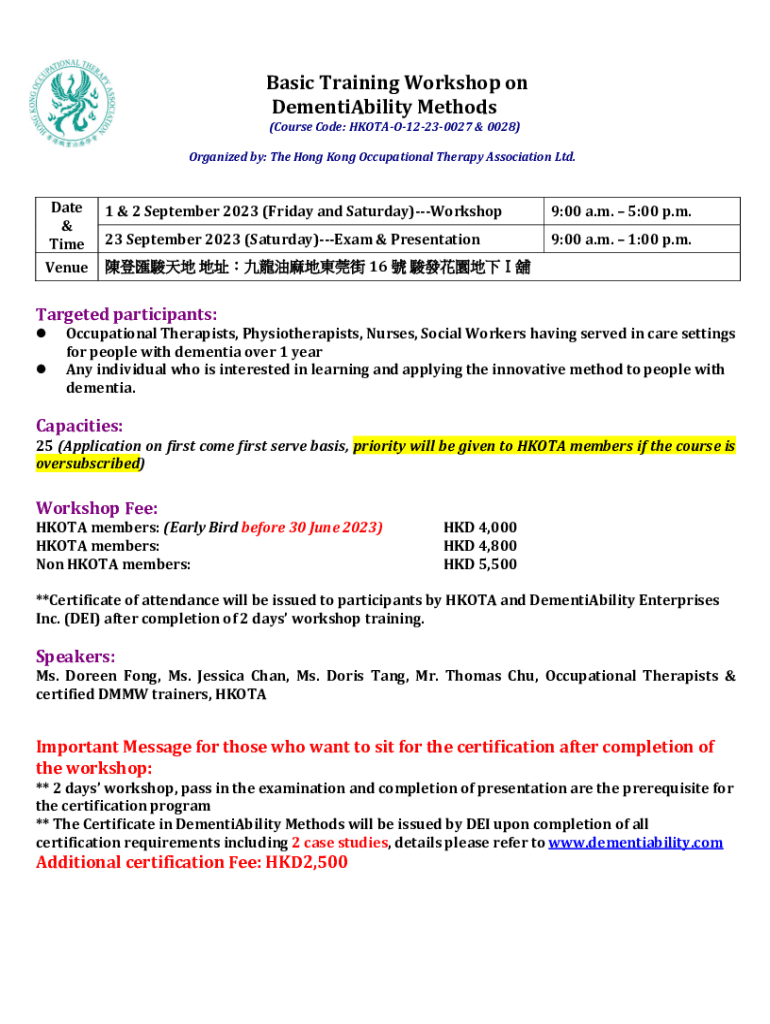Fillable Online hkota org Basic Training Workshop on DementiAbility Methods Fax Email Print ...