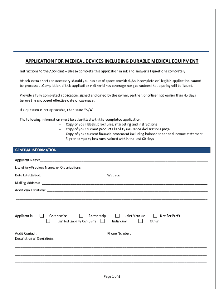 Fillable Online APPLICATION FOR MEDICAL DEVICES INCLUDING ... Fax Email ...