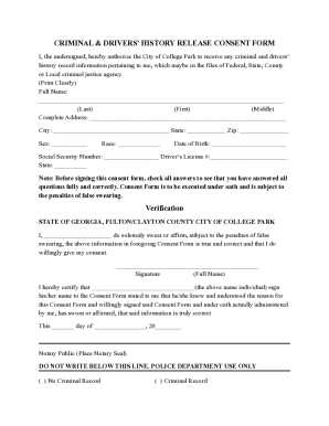 Fillable Online criminal & drivers' history release consent form Fax ...