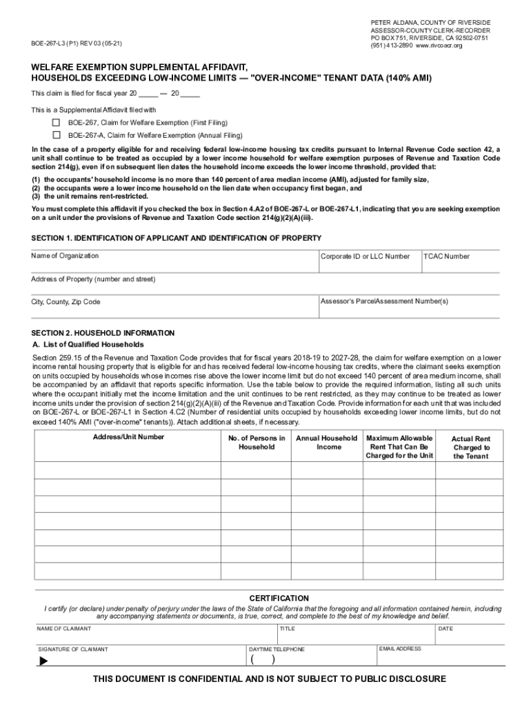 Fillable Online WELFARE EXEMPTION SUPPLEMENTAL AFFIDAVIT ... - Formalu ...