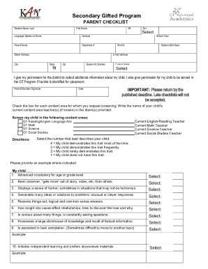 Fillable Online Secondary Parent Checklist Fax Email Print - pdfFiller