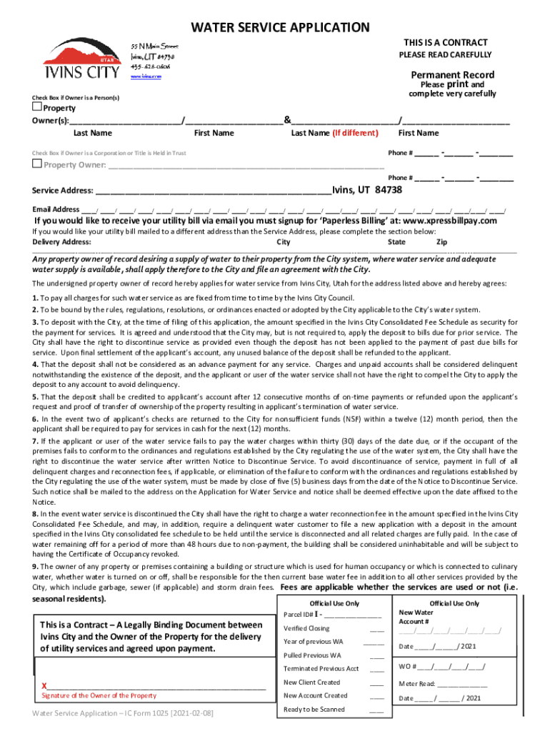 Fillable Online Water Service Application and Contract Fax Email Print ...