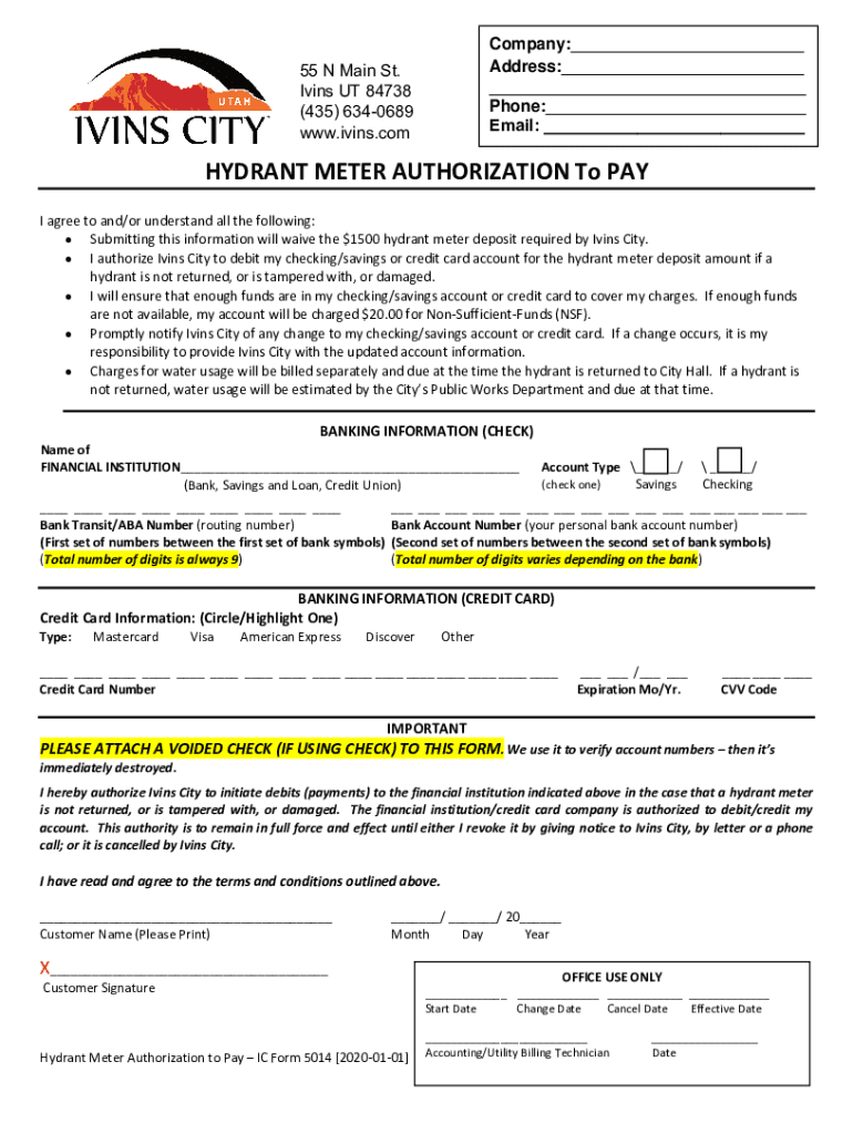 Fillable Online HYDRANT METER AUTHORIZATION To PAY Fax Email Print ...