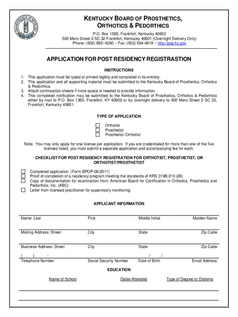 Fillable Online pop ky 319B.020 Kentucky Board of Prosthetics ...