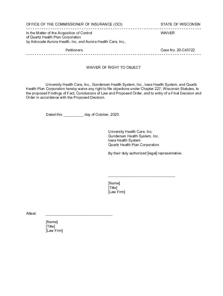 Fillable Online oci wi OCI Proposed Acquisition Of Quartz Health Plan ...