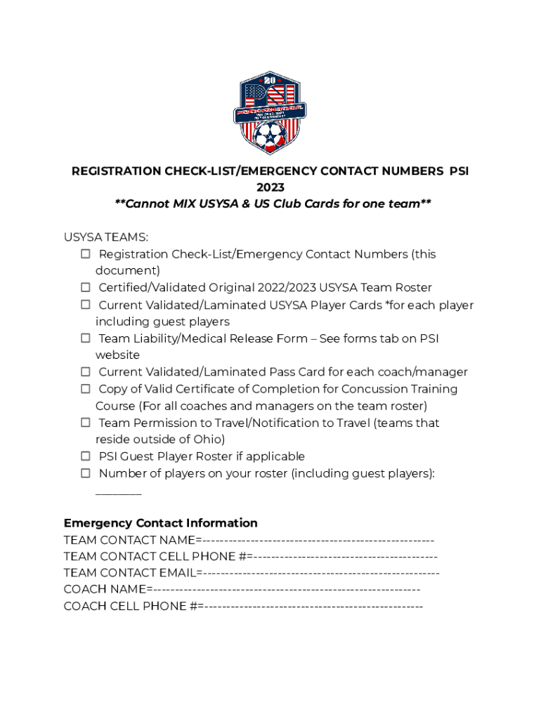 Fillable Online registration check-list/emergency contact numbers psi ...