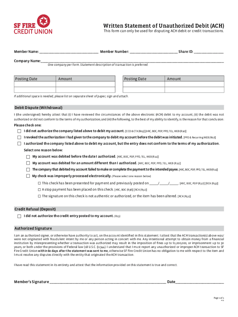 Fillable Online Written Statement Of Unauthorized Debit ACH Form Fax