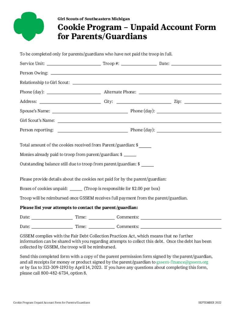 Fillable Online Unpaid Account Form for Parents/Guardians Fax Email Print - pdfFiller