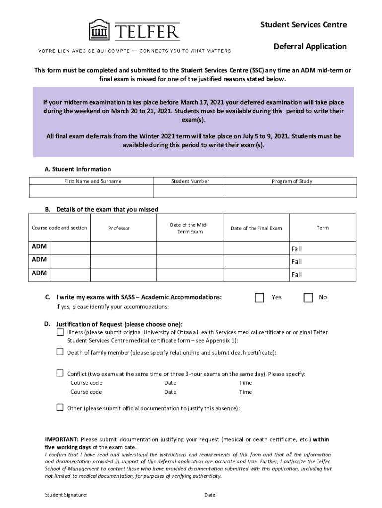 Fillable Online Deferred Examination RequestSobey School of Business ...