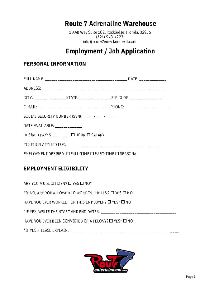Fillable Online Employment / Job Application Route ... Fax Email Print ...