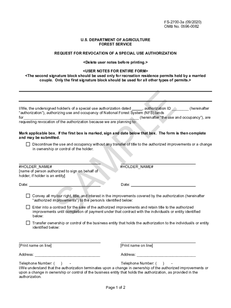 Fillable Online FS-2700-3a REQUEST FOR REVOCATION OF A SPECIAL USE ...