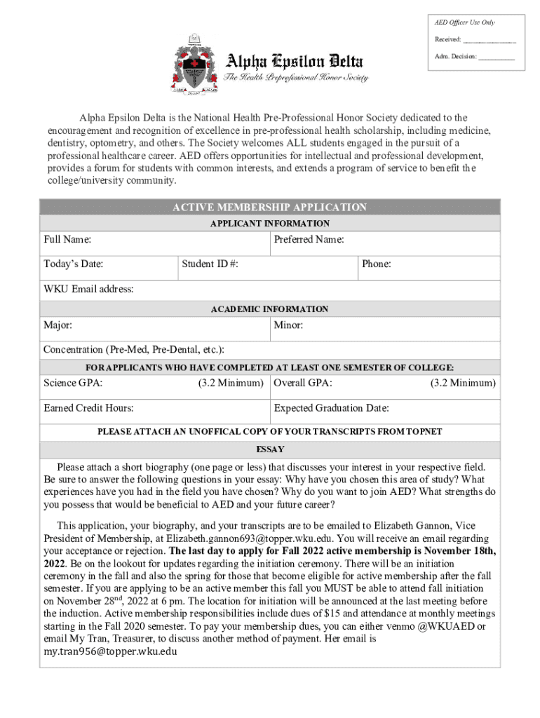Fillable Online Alpha Epsilon Delta Health Pre-Professional Honor Society Fax Email Print ...