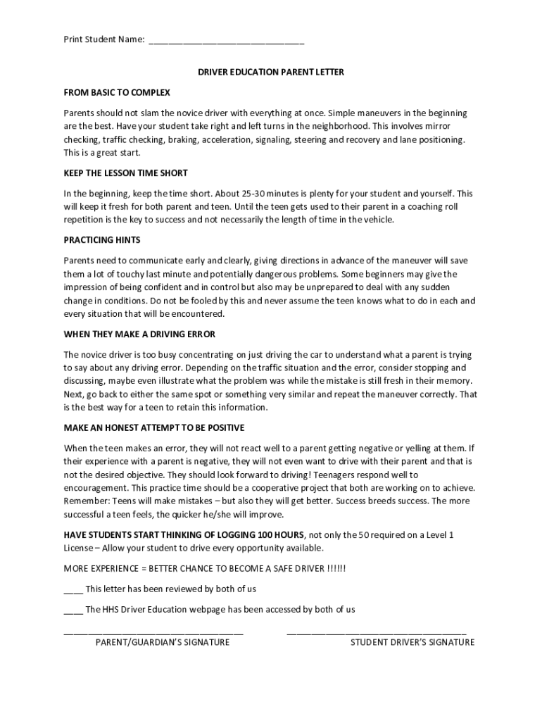 Fillable Online driver education parent letter Fax Email Print - pdfFiller