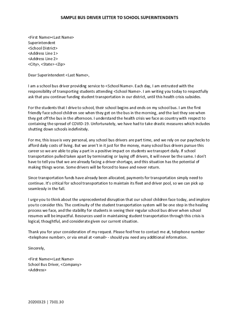 Fillable Online SAMPLE BUS DRIVER LETTER TO SCHOOL ... Fax Email Print ...