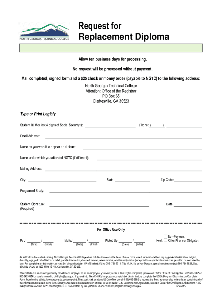Fillable Online Request for - Replacement Diploma Fax Email Print ...