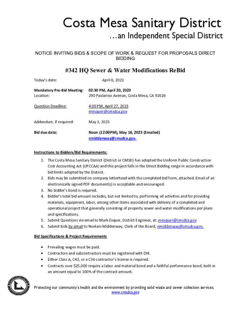 Fillable Online REQUEST FOR PROPOSALS By Costa Mesa Sanitary ... Fax ...