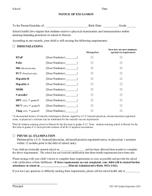 Fillable Online NOTICE OF EXCLUSION To the Parent/Guardian of Fax Email ...