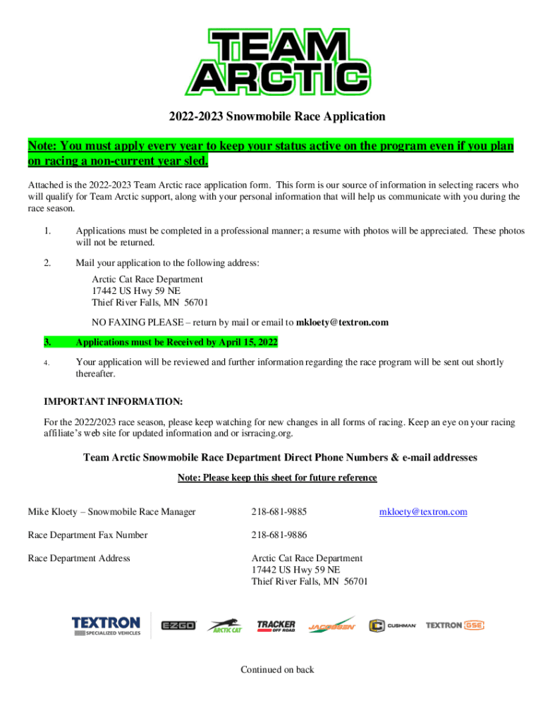 Fillable Online 2022 2023 Arctic snowmobile race application form Fax ...