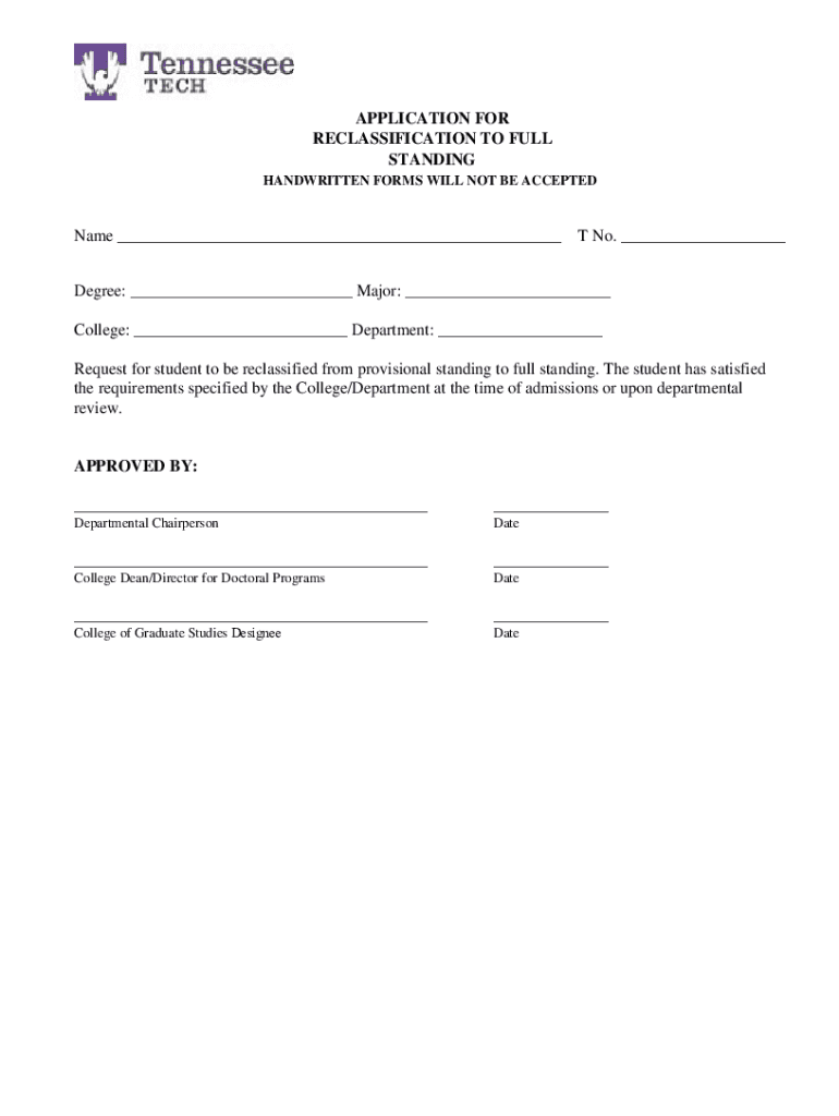 Fillable Online APPLICATION FOR RECLASSIFICATION TO FULL STANDING (PH ...